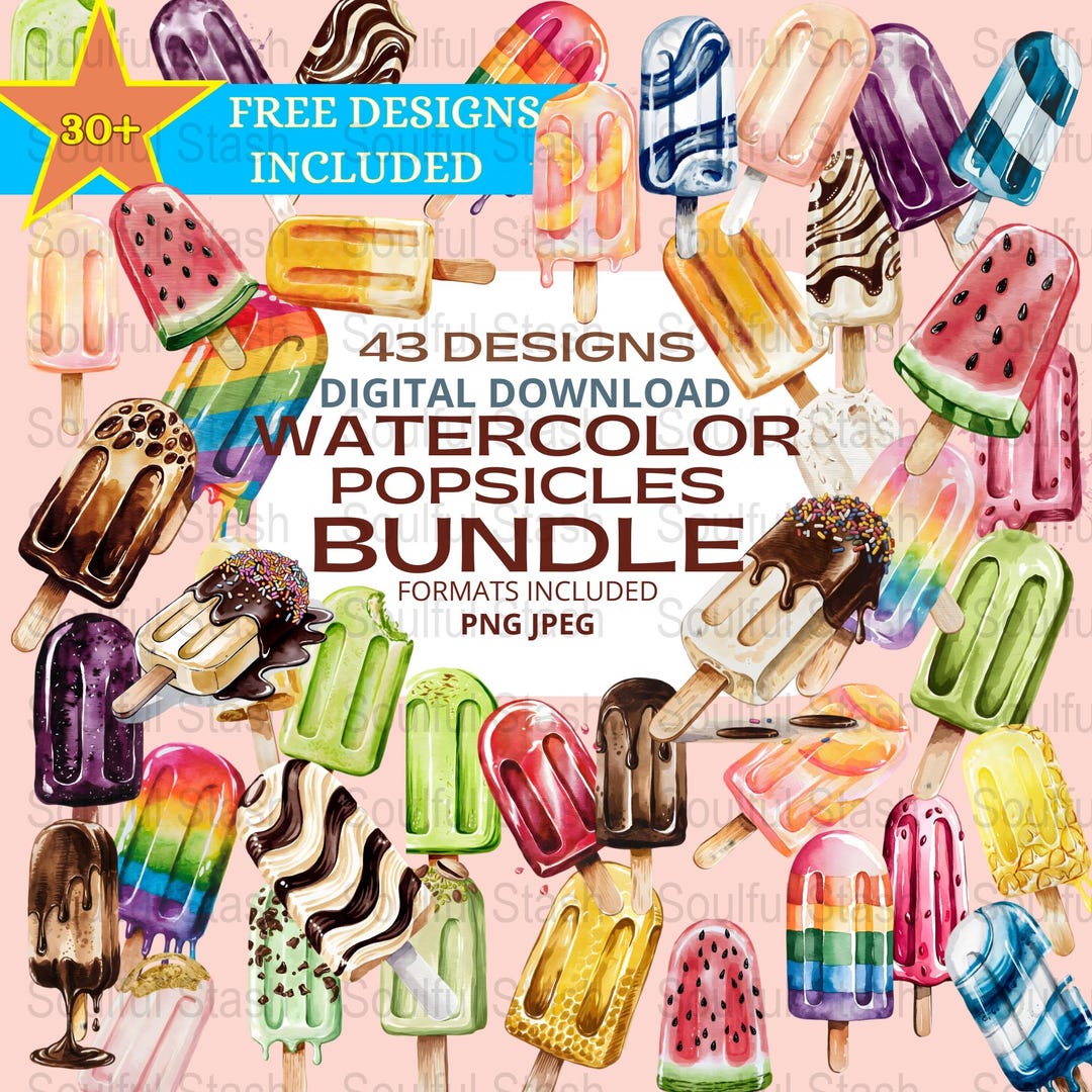 PNG Watercolor Popsicle Clipart Bundle Set, Summer Treats, Ice Cream ...