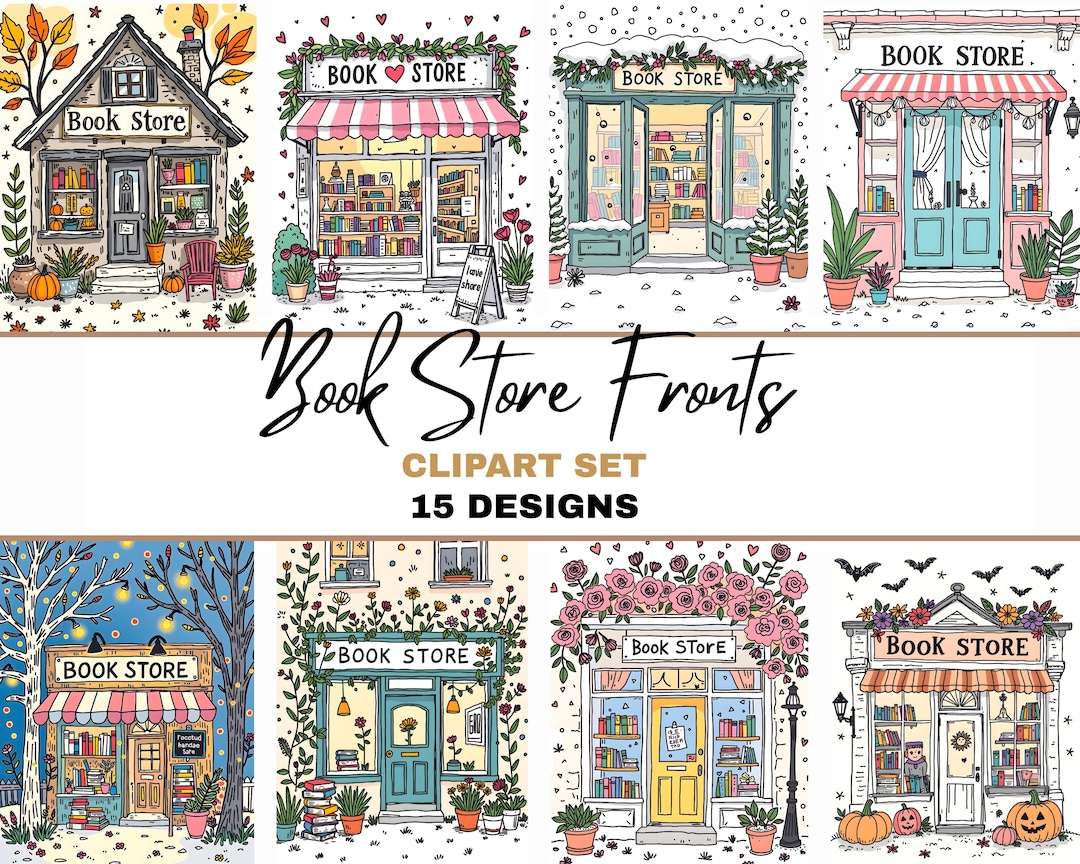 Seasonal Book Store Front Clipart Set Spring, Summer, Fall, Winter and ...