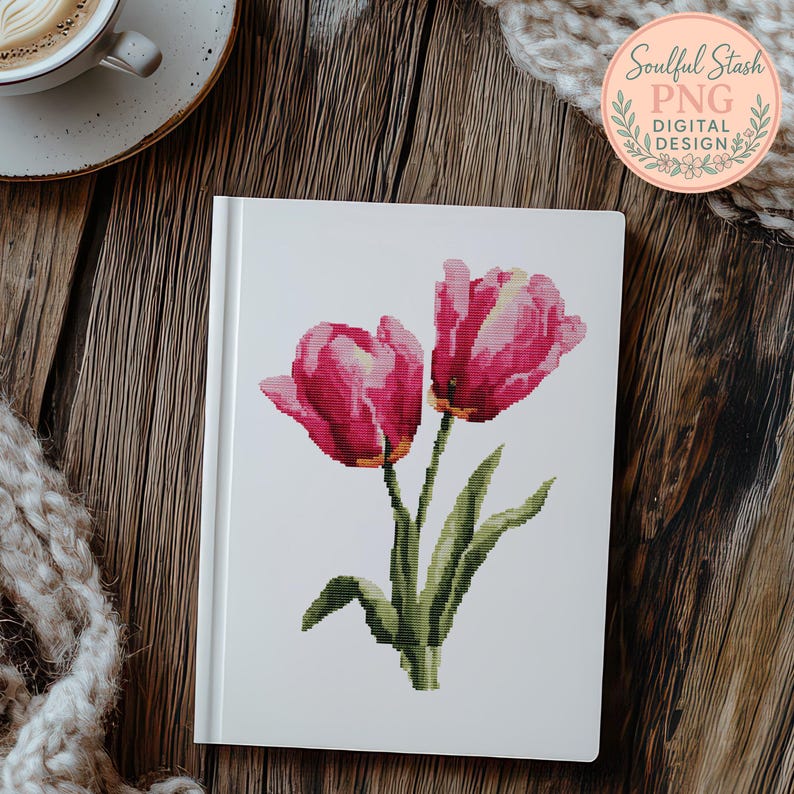Faux Cross Stitch Tulip Flowers Graphic PNG Spring Floral Embroidery ...