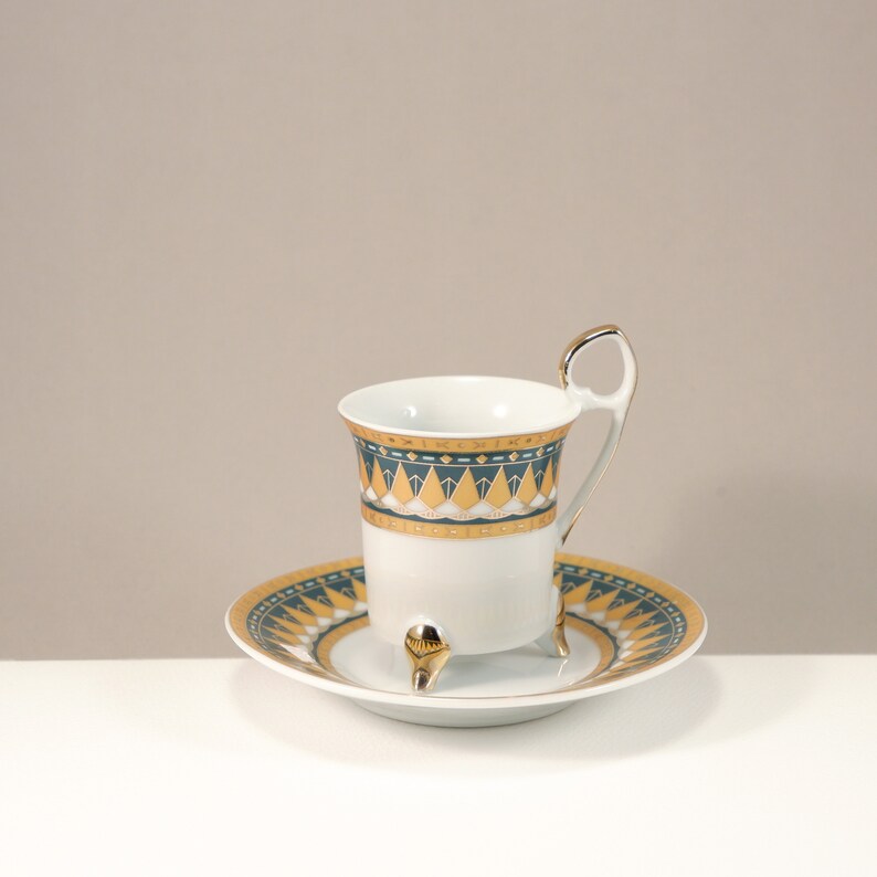 Vintage Footed Demitasse, Golden Trim, Geometric Pattern, Triangles, Chocolate Cup, Gift for Her ...