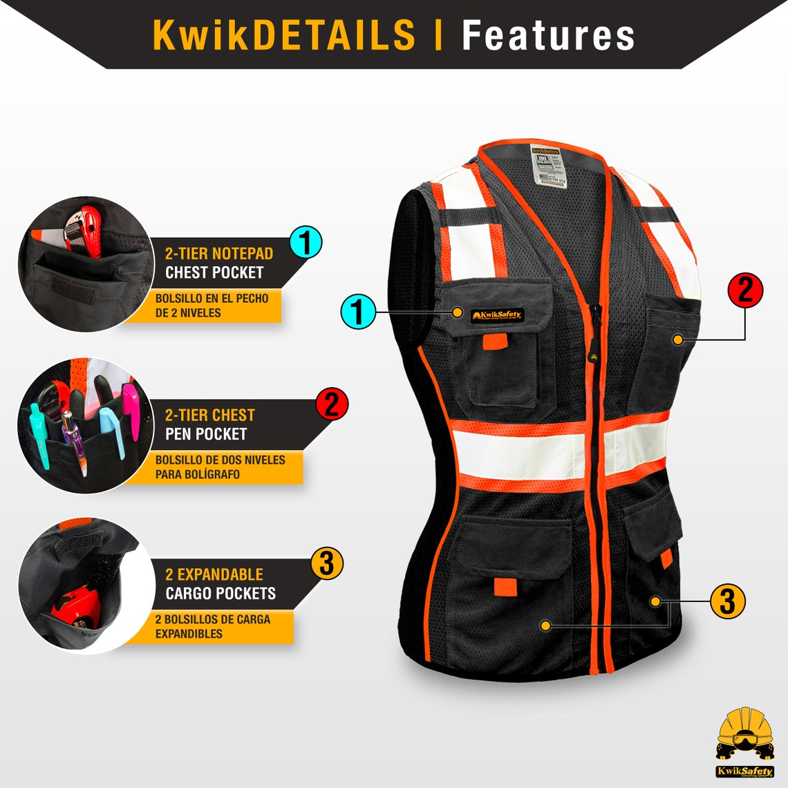 Kwiksafety BLACK WIDOW Safety Vest for Women (snug-fit) 9 Pockets ...