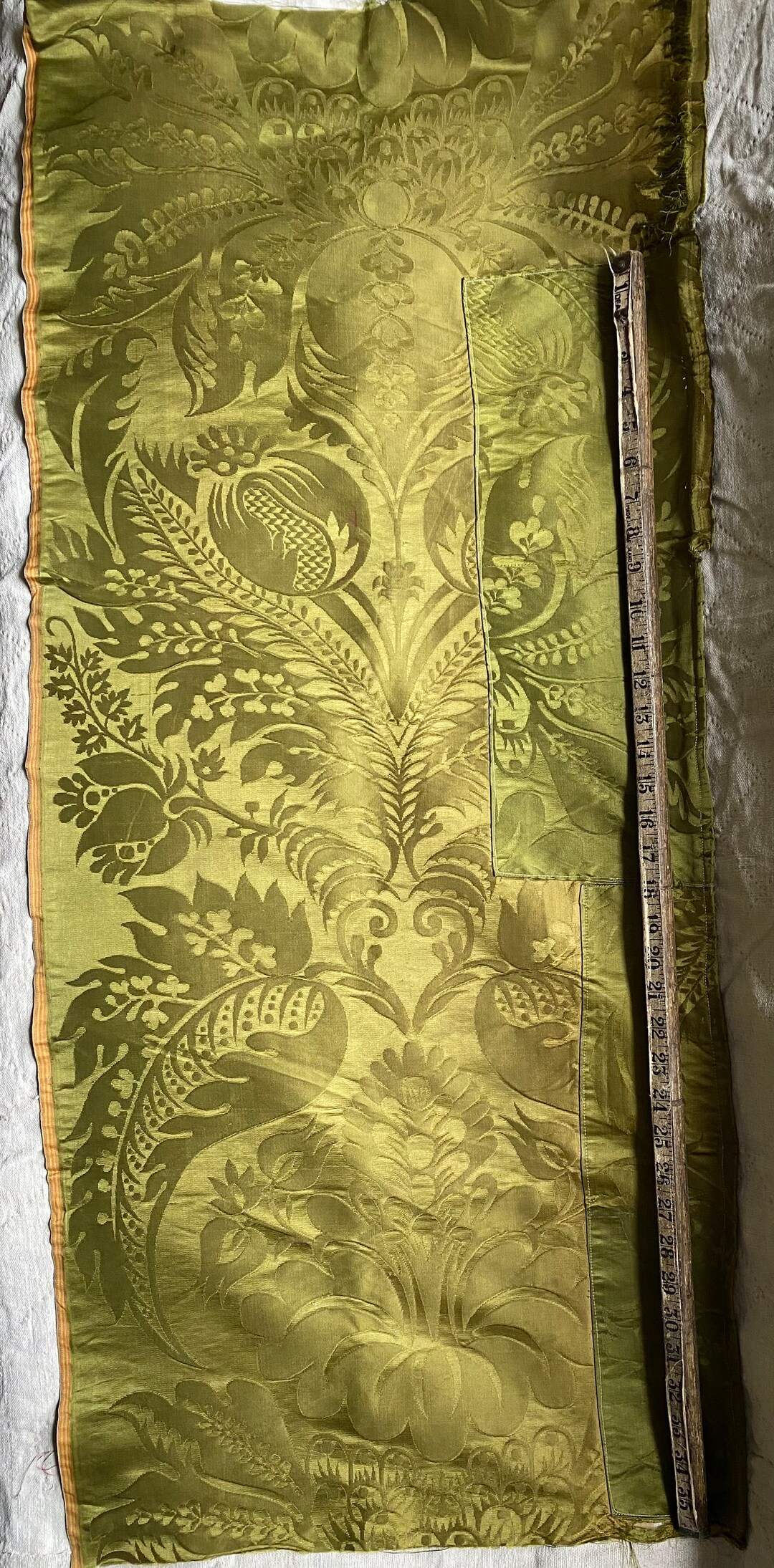Beautiful Antique C19th French Brocatelle Silk Damask Olive Green ...