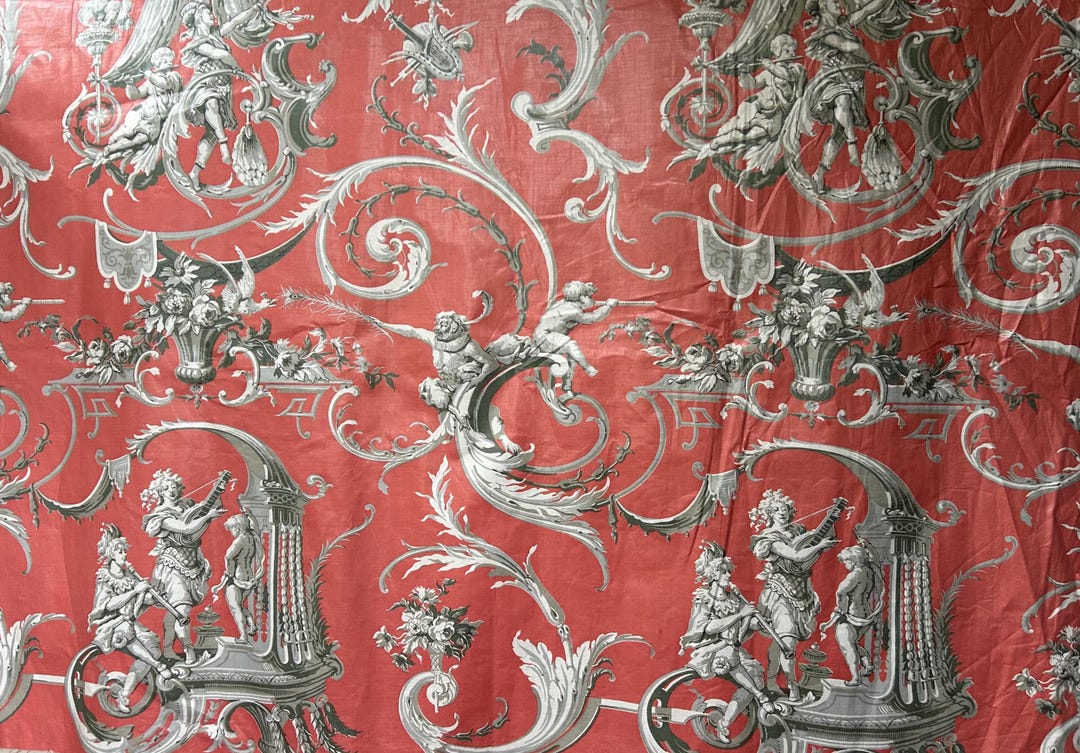Vintage Highend Glazed Chintz Period Design Salmon Cotton Fabric Panel ...