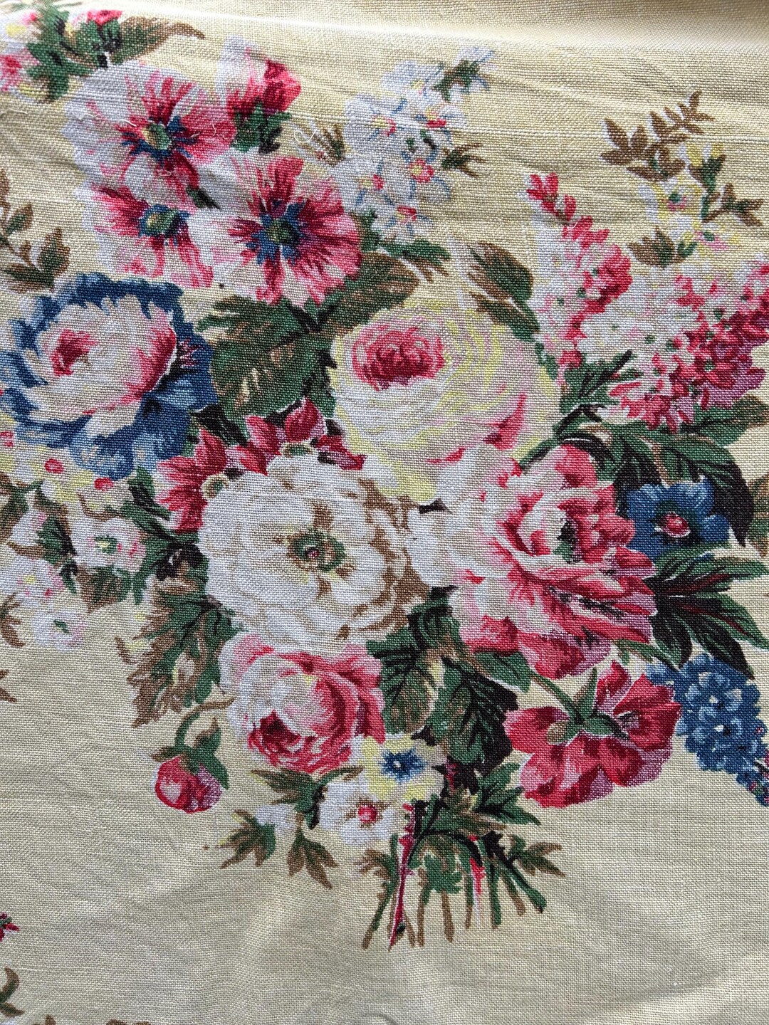 Vintage Parisian Linen Fabric Panel: Faded Lemon Floral Bouquet (50x90 ...