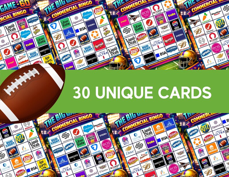 2026 Big Game 60 Commercial Bingo Cards – 30 Unique Cards (digital ...