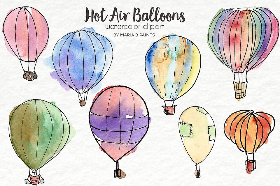 Hand Painted Watercolor Clip Art - Hot Air Balloons, Festival, Fly, Sky ...