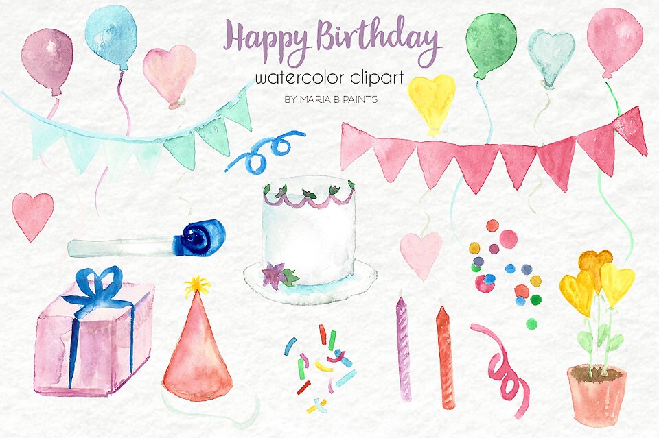 Birthday Clipart Watercolor for Boys and Girls, Cake Clip Art, Balloons ...