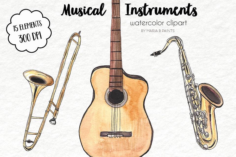 Watercolor Clip Art Music, Instrument, Guitar, Trombone, Trumpet, Flute ...