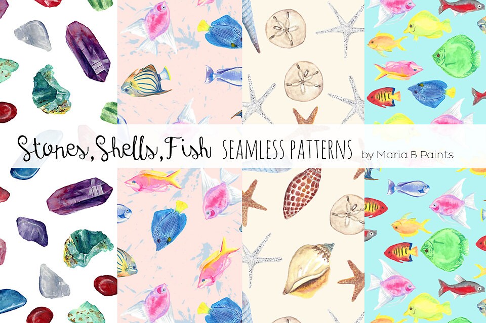 Watercolor Seamless Patterns - Beach, Fish, Tropical, Gemstones ...
