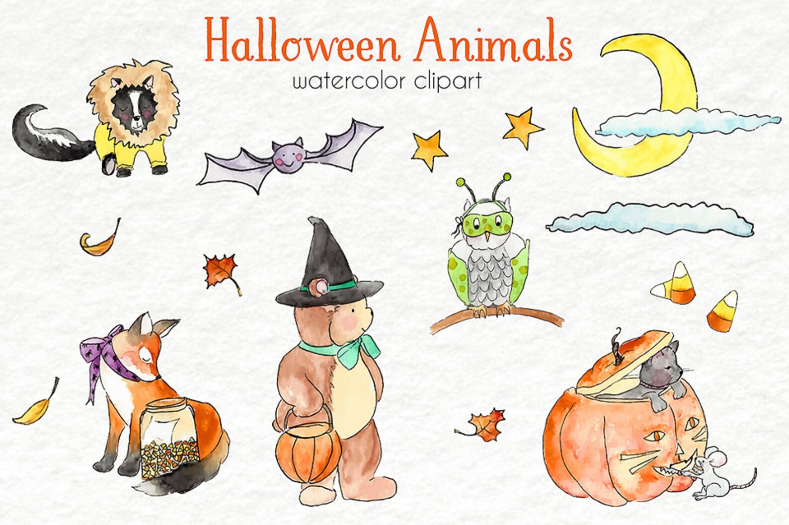 Watercolor Clip Art - Halloween, Animals, Woodland Creature, Trick or ...
