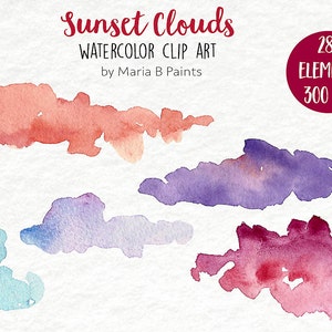 Clouds Watercolor Clipart Sunset Whimsical Sky Watercolor Sunset Clouds ...