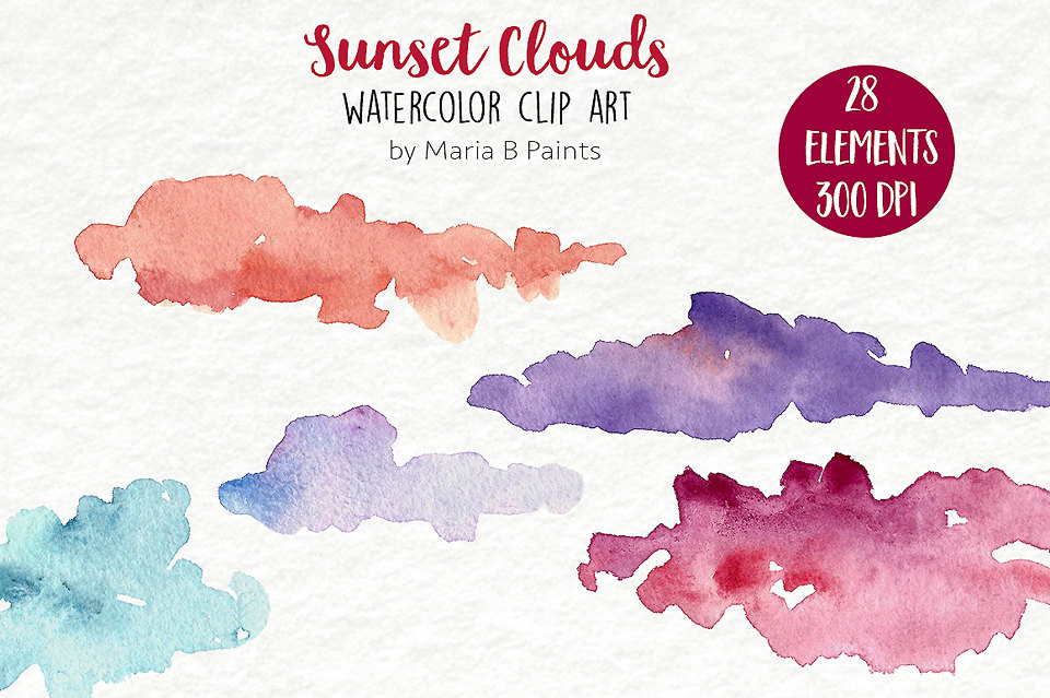 Clouds Watercolor Clipart Sunset Whimsical Sky Watercolor Sunset Clouds ...