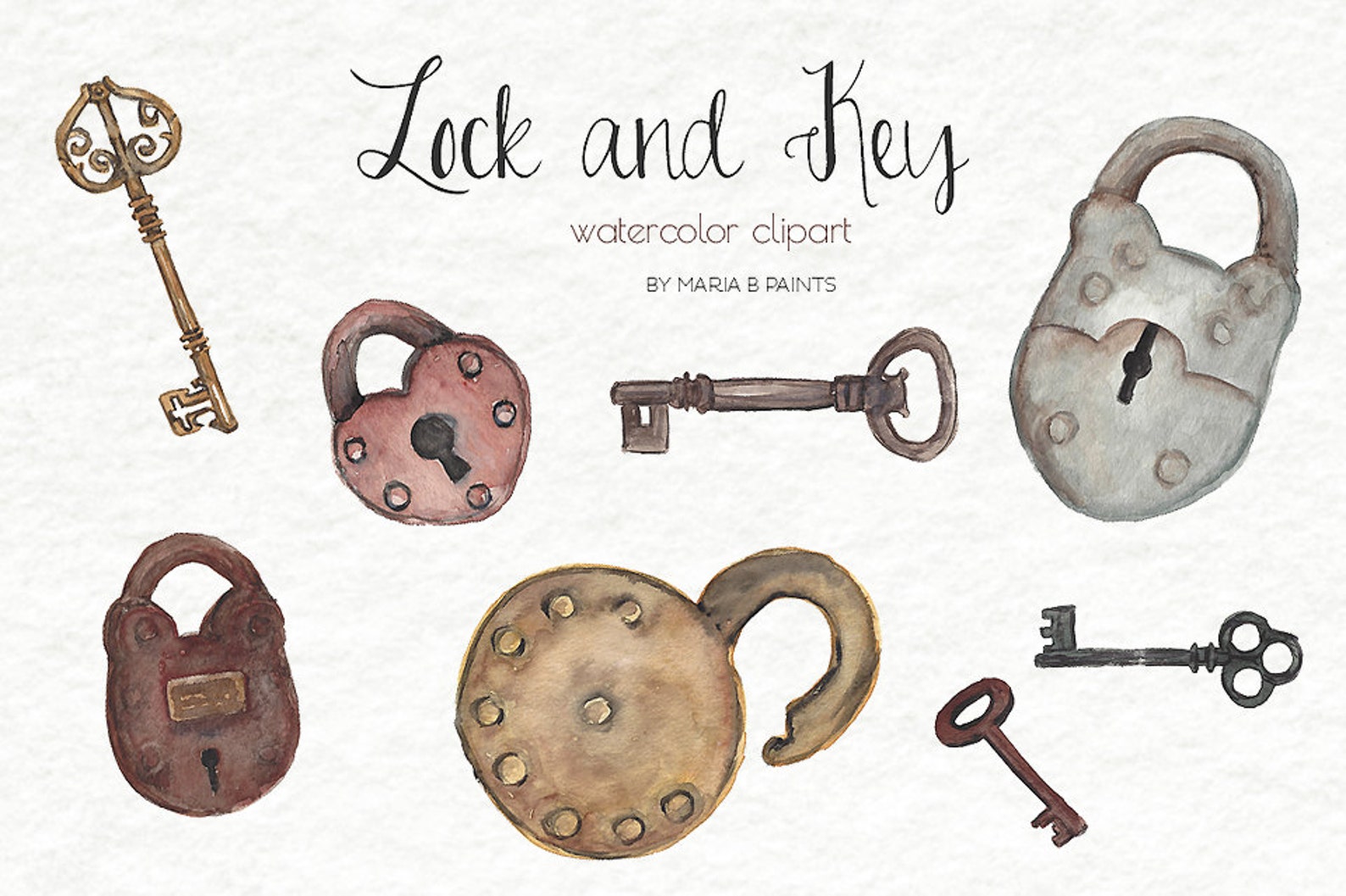 Hand Painted Watercolor Clip Art, Lock Clipart, Locks, Key Clipart, Key ...