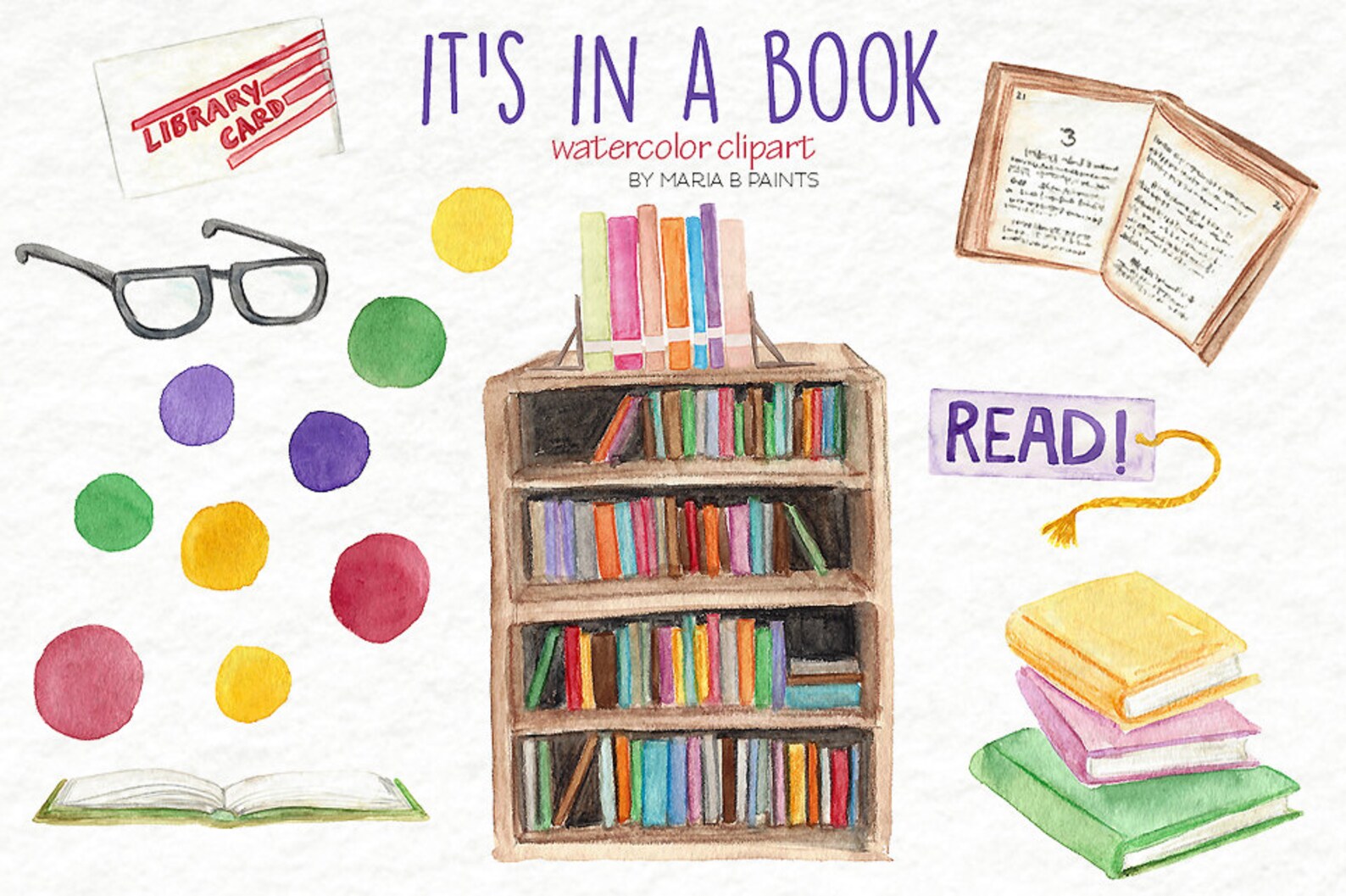 Watercolor Clip Art - Books, Library, Dots, Colorful, Glasses, Library ...