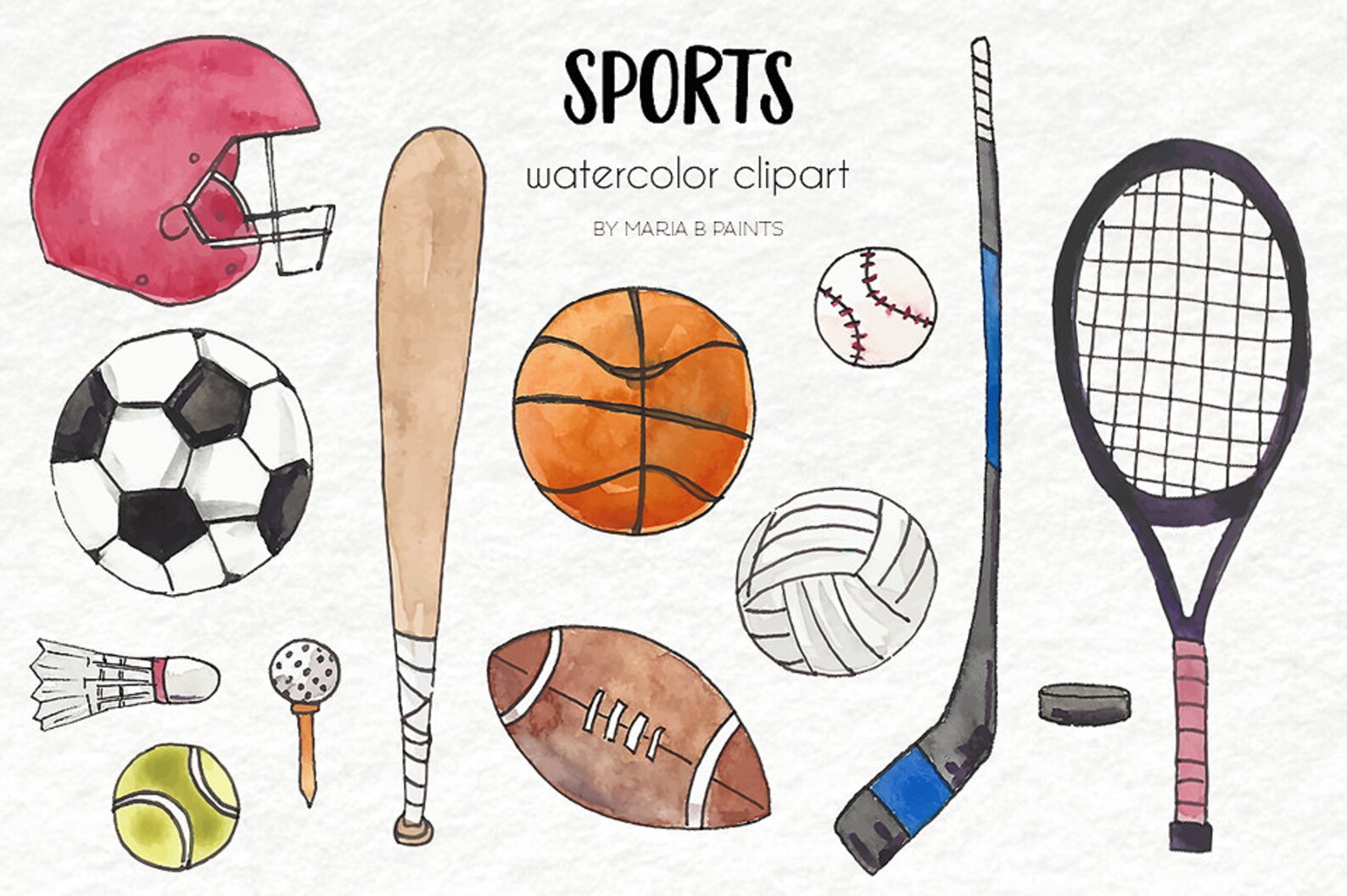 Sport Equipment Watercolor Clipart Ball, Helmet, Baseball, Soccer ...
