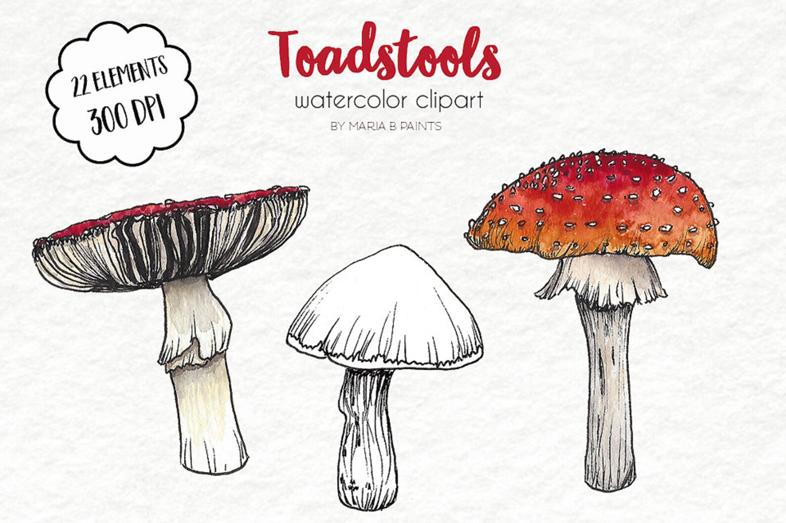 Watercolor Clip Art Toadstool, Mushroom, Fungus, Fungi, Nature, Forage ...