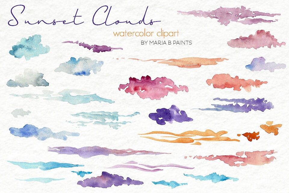 Clouds Watercolor Clipart Sunset Whimsical Sky Watercolor Sunset Clouds ...