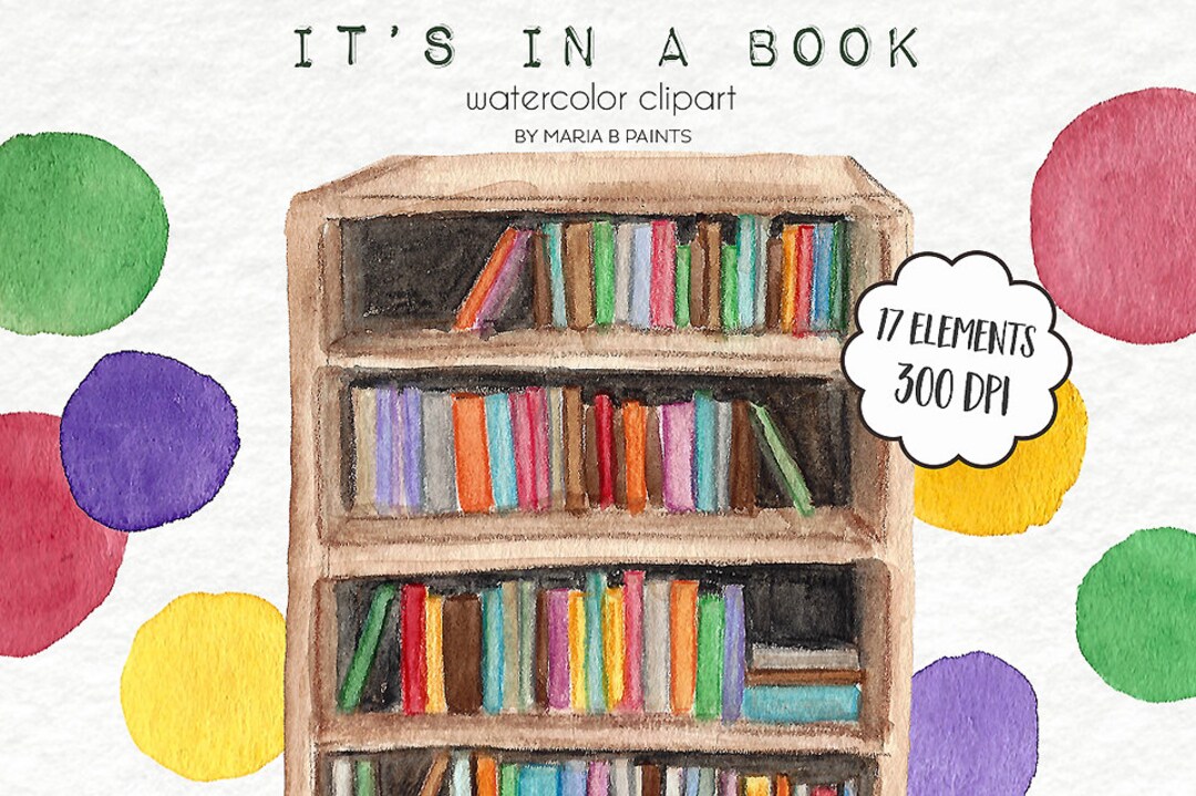 Watercolor Clip Art - Books, Library, Dots, Colorful, Glasses, Library ...
