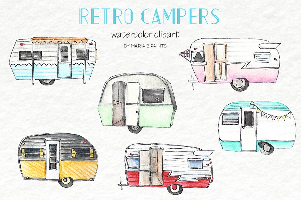 Watercolor Clip Art - Retro Campers, RV, Recreational Vehicle, Vintage ...