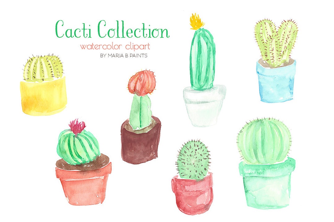 Hand Painted Watercolor Clip Art - Cacti, Potted Plants, Nature, Leaves ...