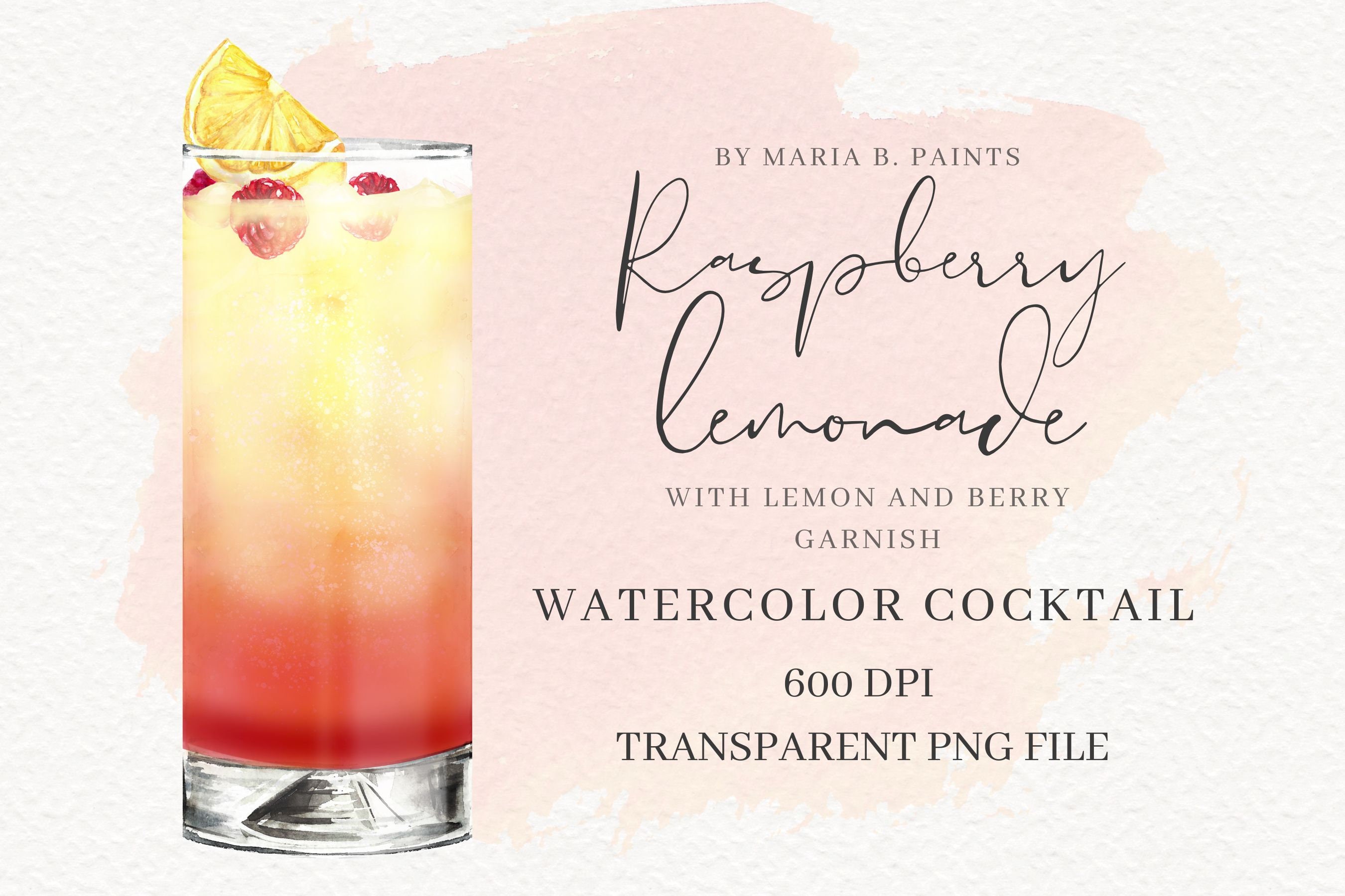 Raspberry Lemonade Cocktail Watercolor Clipart Drink Illustration ...