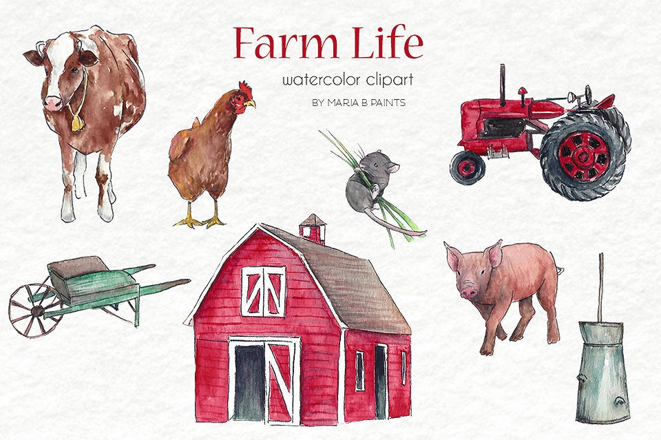 Watercolor Clip Art - Farm Life, Barn, Farm Animals, House, Rooster ...
