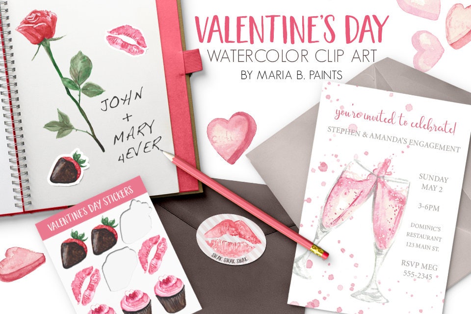 Watercolor Clip Art Happy Valentine's Day Pink Red - Etsy