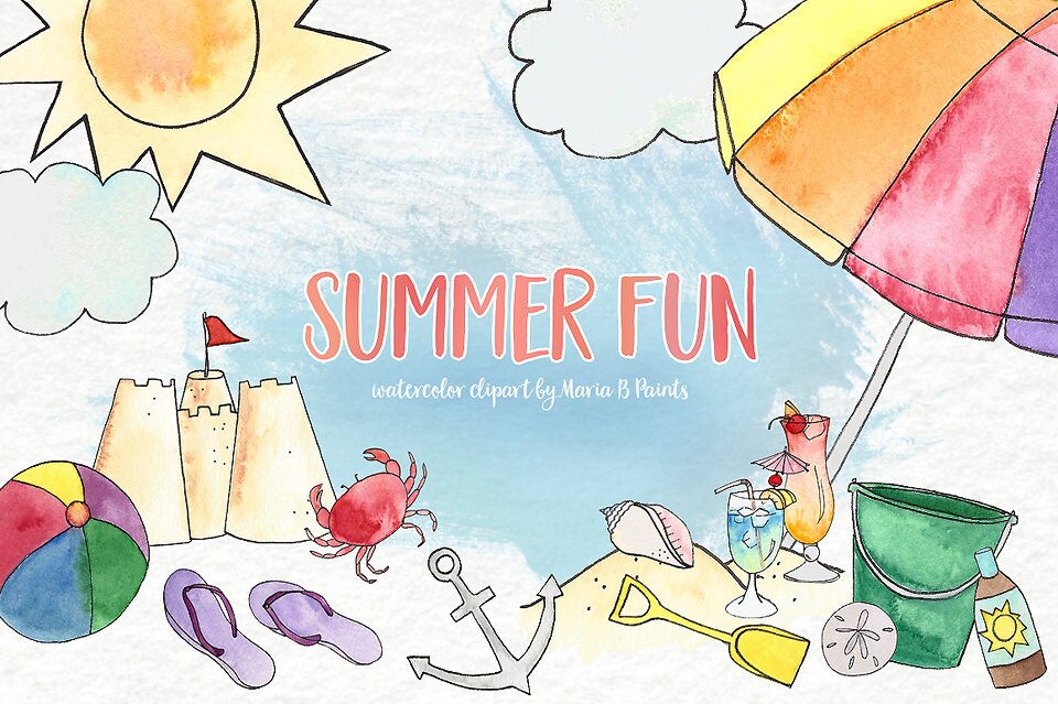 Hand Painted Watercolor Clip Art - Summer, Beach, Children, Shell ...