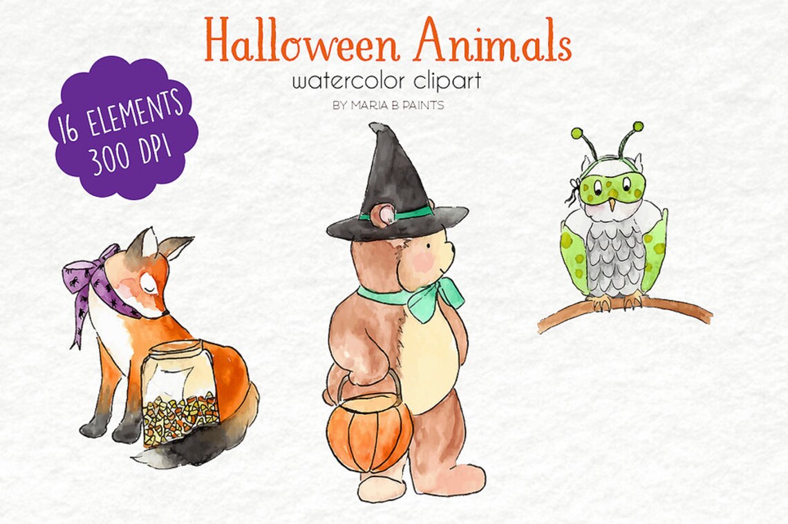 Watercolor Clip Art - Halloween, Animals, Woodland Creature, Trick or ...
