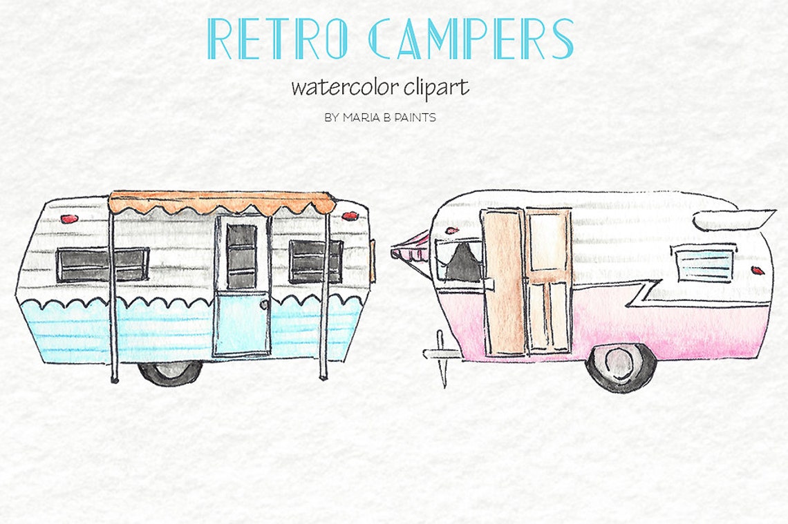 Watercolor Clip Art - Retro Campers, RV, Recreational Vehicle, Vintage ...
