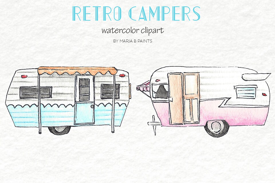 Watercolor Clip Art - Retro Campers, RV, Recreational Vehicle, Vintage ...
