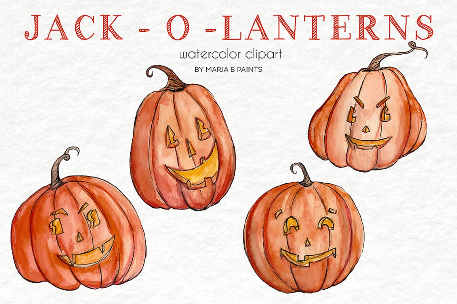 Watercolor Clip Art - Jack-o-lanterns, Pumpkin, Halloween, Autumn, Fall ...