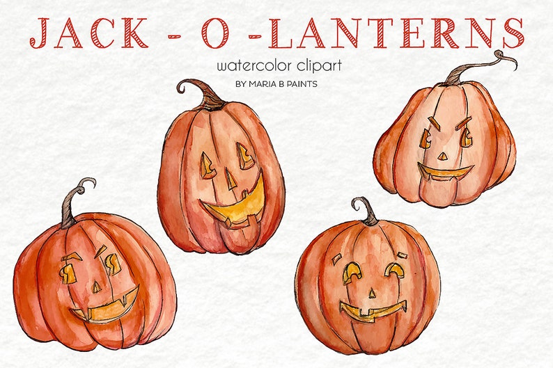 Watercolor Clip Art - Jack-o-lanterns, Pumpkin, Halloween, Autumn, Fall ...