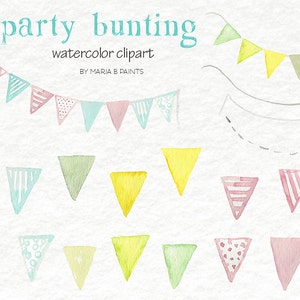 Hand Painted Watercolor Clip Art - Bunting, Party, Decorations, Fun ...