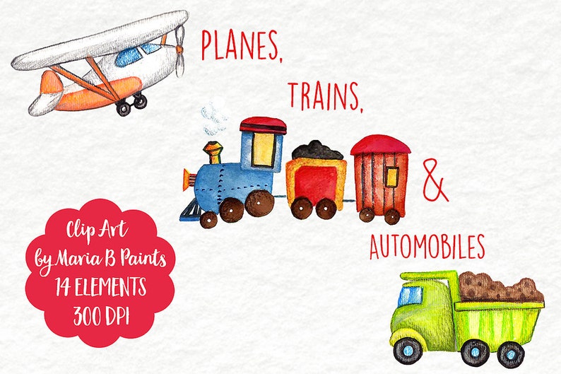 Watercolor Clip Art - Planes, Trains, Automobiles, Trucks, Airplane ...