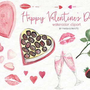 Watercolor Clip Art - Happy Valentine's Day, Pink, Red, Love, Champagne ...