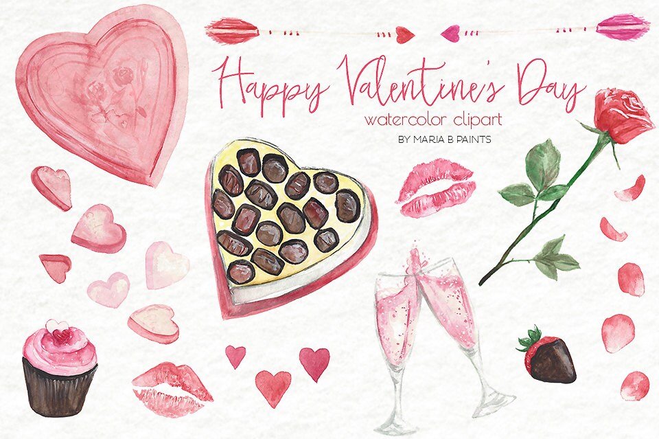 Watercolor Clip Art Happy Valentine's Day Pink Red - Etsy
