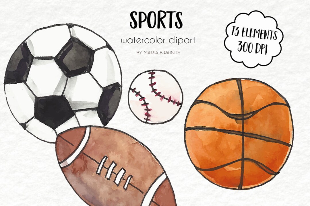 Sport Equipment Watercolor Clipart Ball, Helmet, Baseball, Soccer ...