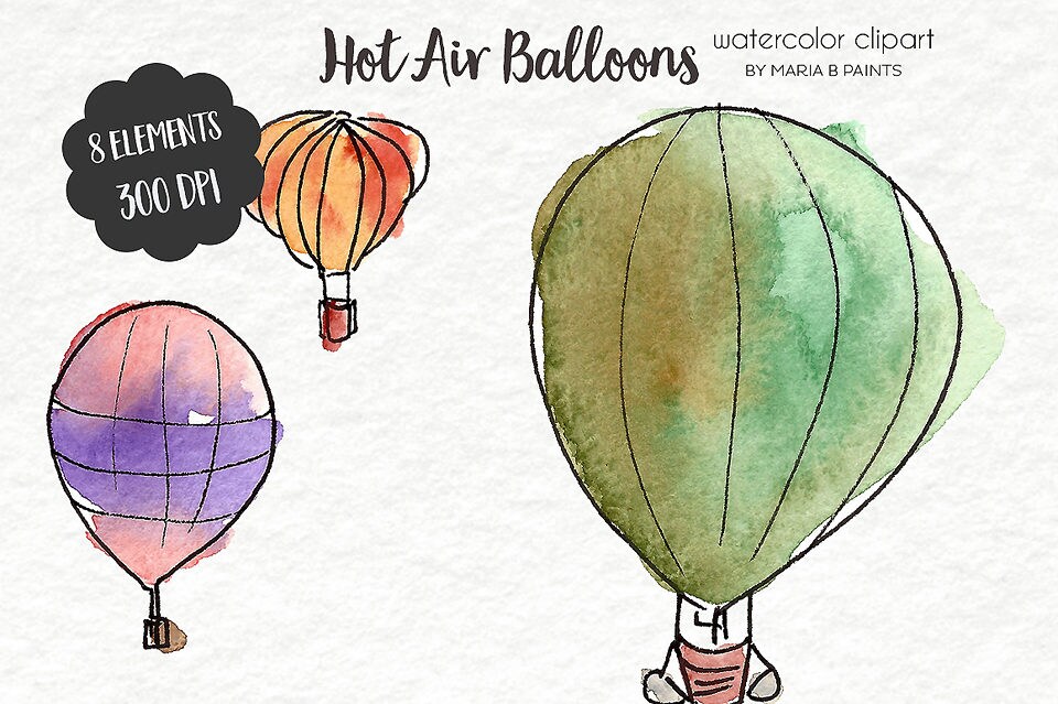 Hand Painted Watercolor Clip Art - Hot Air Balloons, Festival, Fly, Sky ...