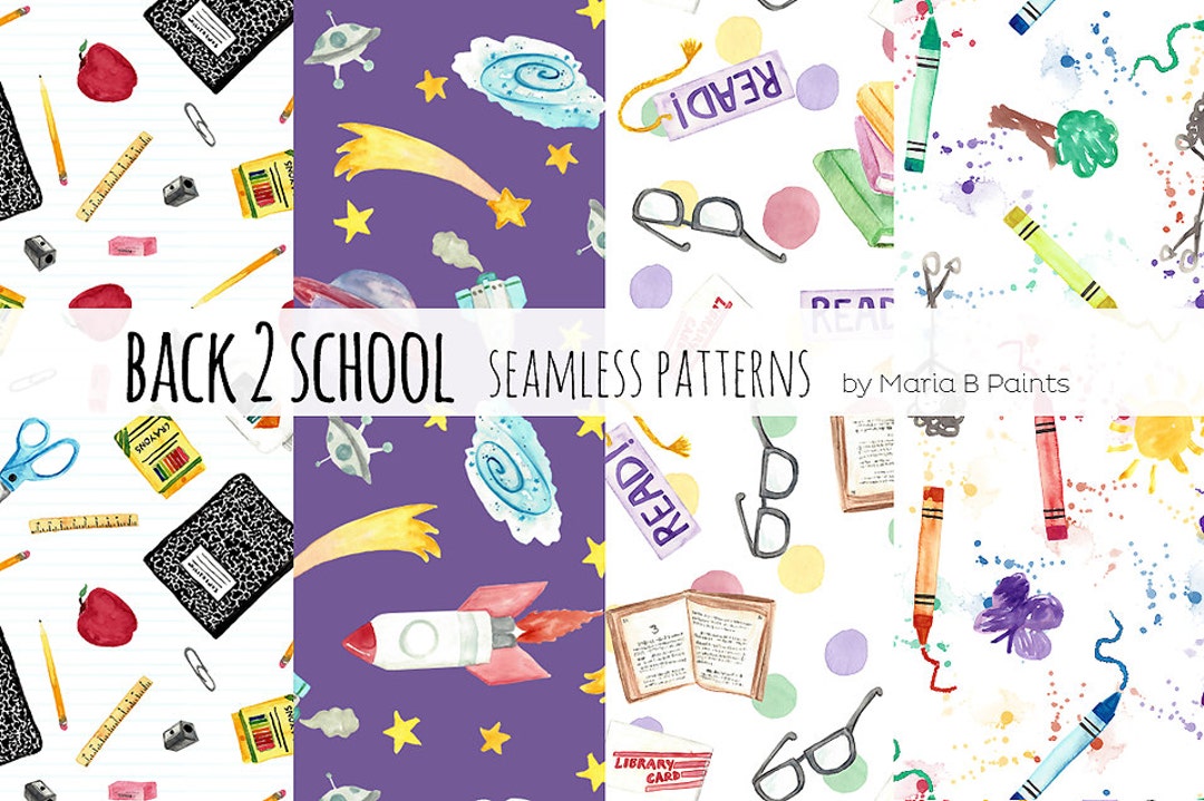 Watercolor Seamless Patterns - Back to School, Learn, Teacher, School ...