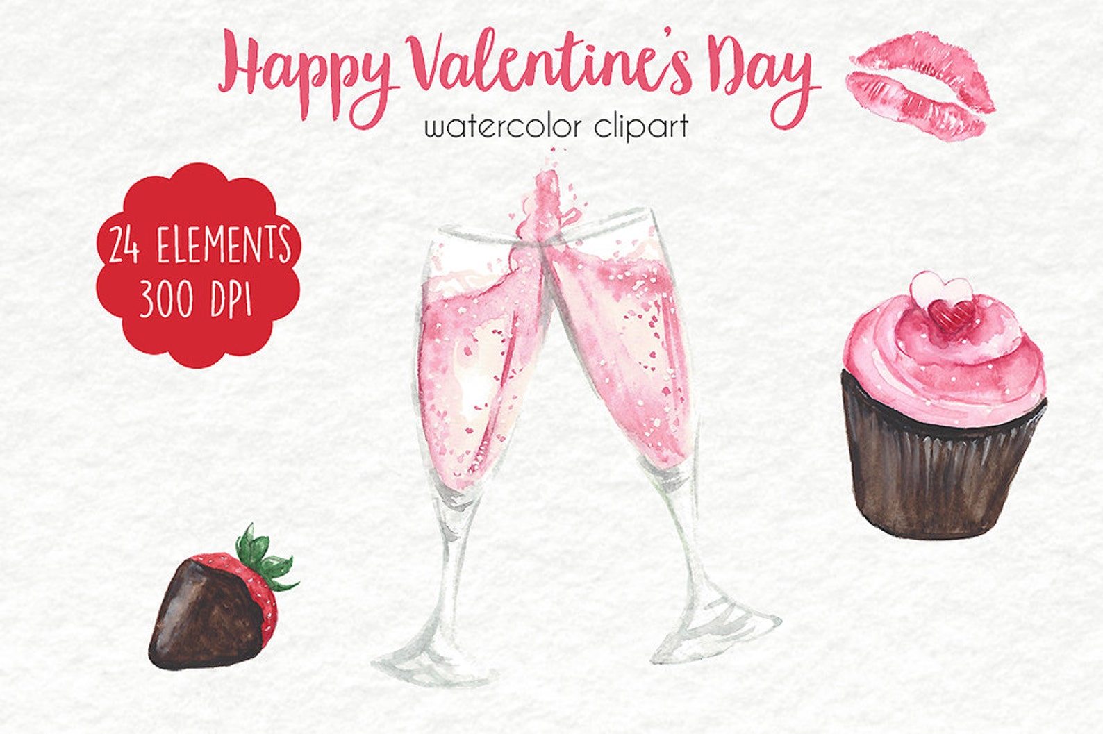 Watercolor Clip Art Happy Valentine's Day Pink Red - Etsy