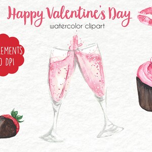 Watercolor Clip Art - Happy Valentine's Day, Pink, Red, Love, Champagne ...