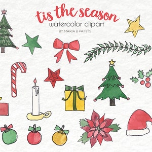 Watercolor Clip Art - Christmas, Holiday, Ornament, Bulb, Star, Holly ...