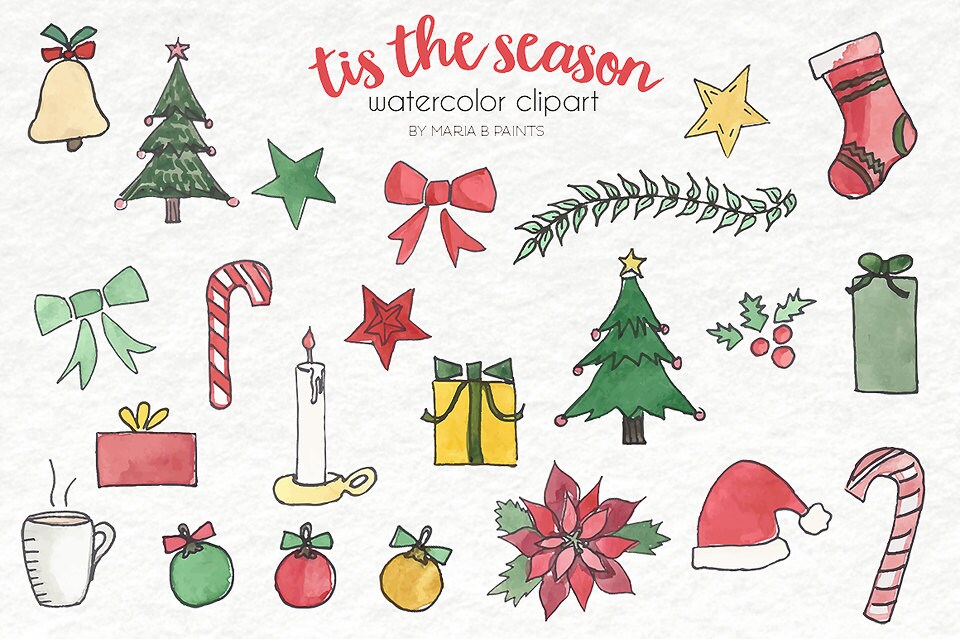 Watercolor Clip Art - Christmas, Holiday, Ornament, Bulb, Star, Holly ...