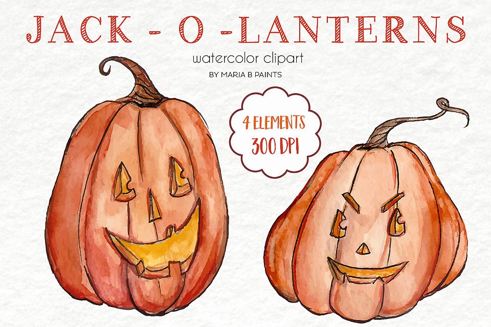 Watercolor Clip Art - Jack-o-lanterns, Pumpkin, Halloween, Autumn, Fall ...