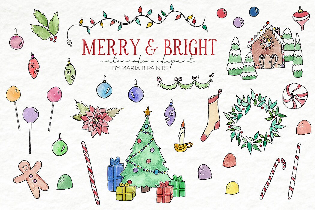 Watercolor Clip Art - Christmas-personal Use -tree-presents-instant ...