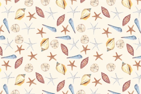 Watercolor Seamless Patterns Beach, Fish, Tropical, Gemstones. Precious ...
