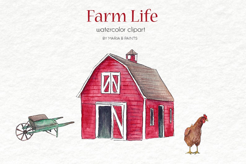 Watercolor Clip Art - Farm Life, Barn, Farm Animals, House, Rooster ...