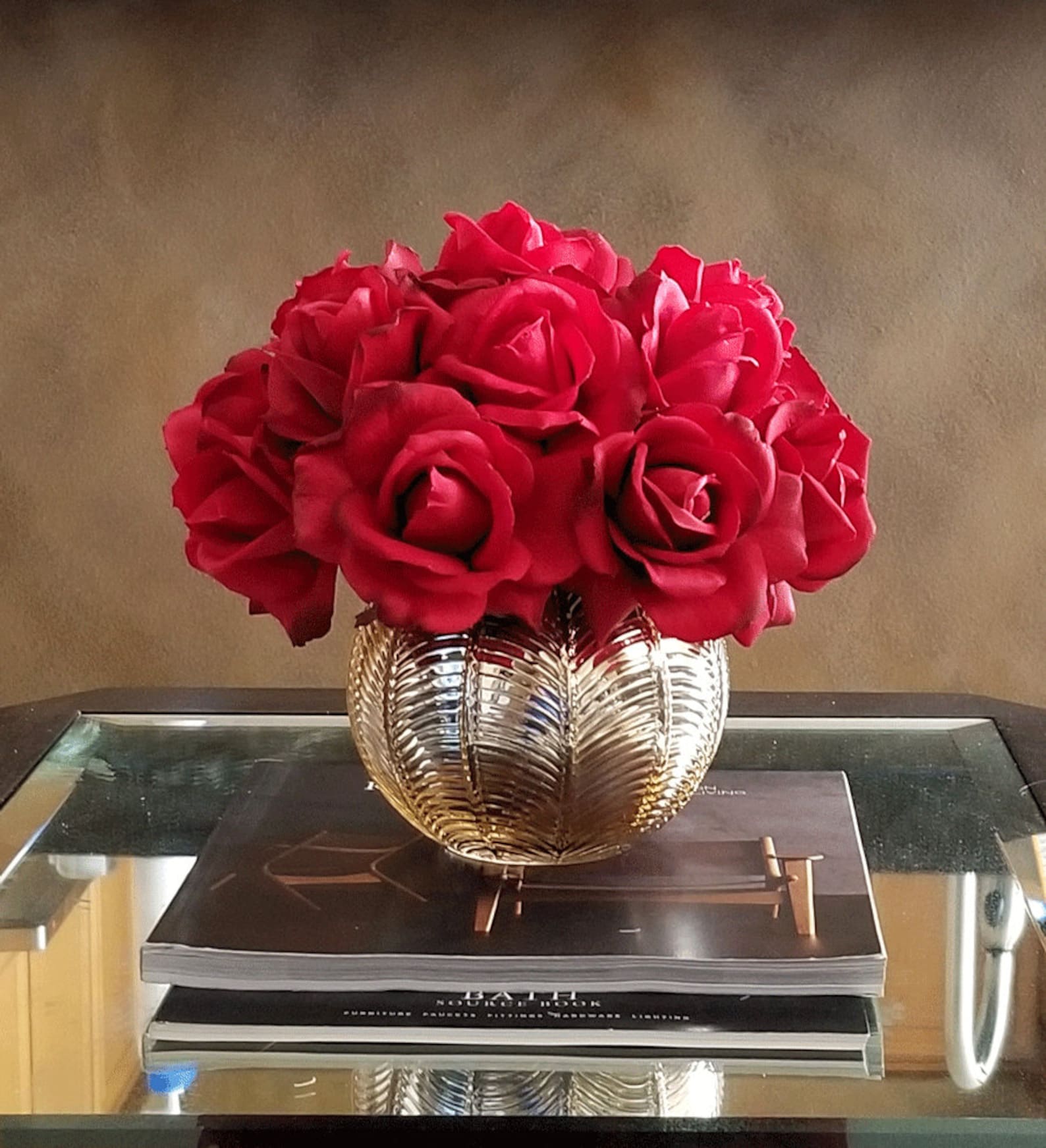 Red Roses Floral Arrangement in Gold Vase-real Touch Flowers - Etsy