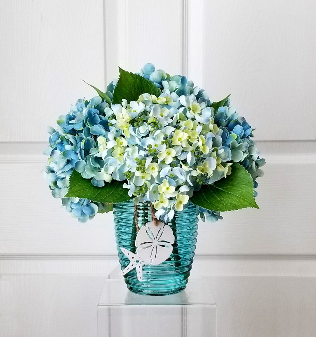 Coastal Blue Aqua Silk Hadrengea Floral Arrangement in Aqua Blue Vase ...